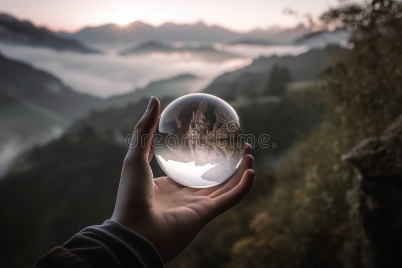 Magic Crystal Ball, Being Held by Person in Serene Setting, with Misty ...