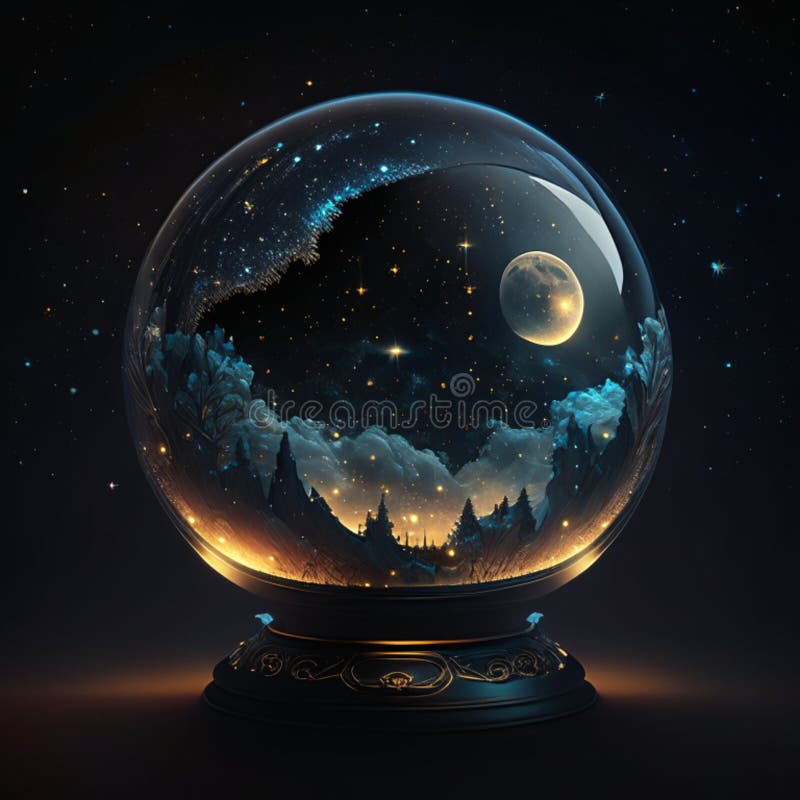 Magic Crystal Ball with Forest and Mountains. 3D Illustration. Fantasy ...