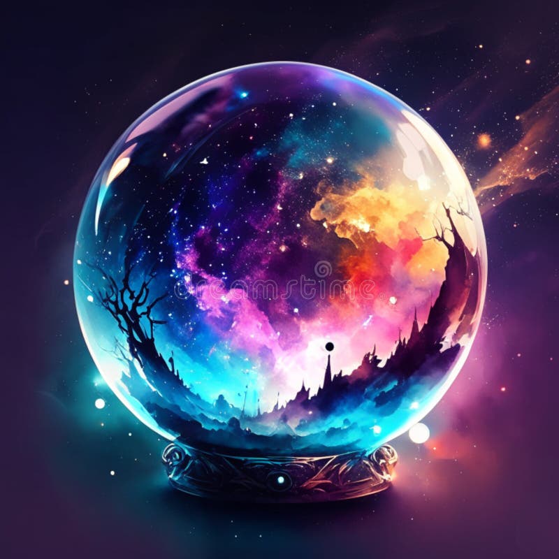 Magic Crystal Ball with Forest and Mountains. 3D Illustration. Fantasy ...