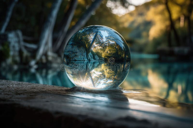 Magic Crystal Ball, Reflected in Pool of Water, Surrounded by Natural ...