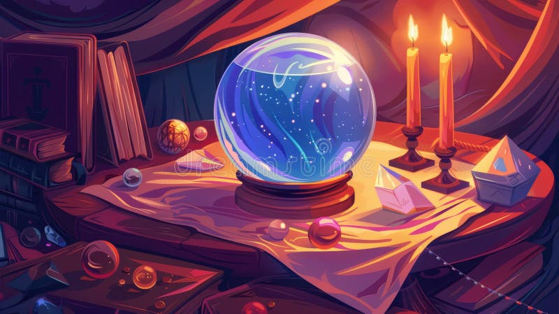 Magic Crystal Ball on Table with Magic Potion and Candles. Vector ...