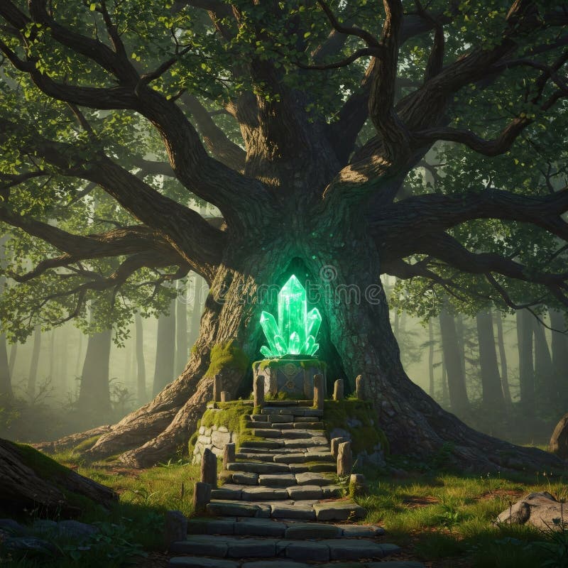 Magic Crystal Glowing Inside Ancient Tree in Enchanted Forest Stock ...