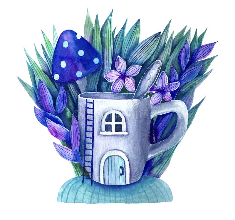 Magic Cup with Spoon and Plants Cute Watercolor Illustration Stock ...