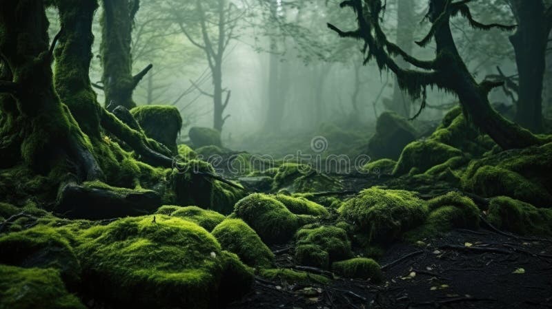 Magic Deep Forest with Moss and Fog Stock Illustration - Illustration ...