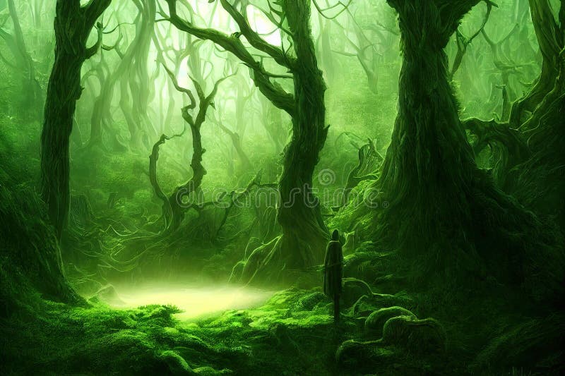 Magic Deep Green Forest With Fairytale Sunny Evening Light Through
