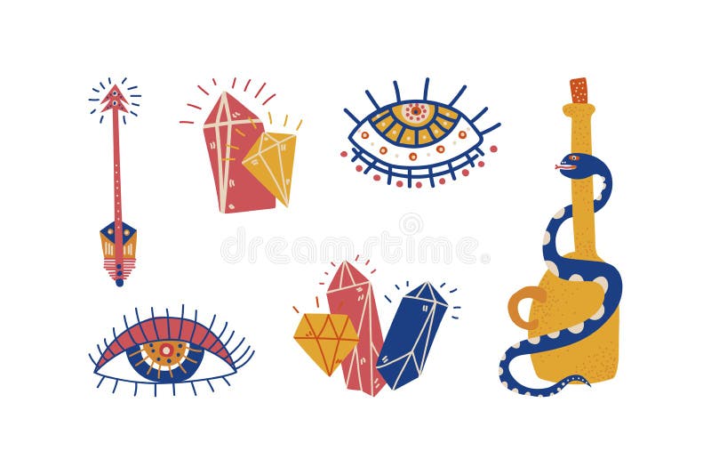 Magic Elements with Arrow, Crystal, Eye and Jar with Snake Vector Set ...