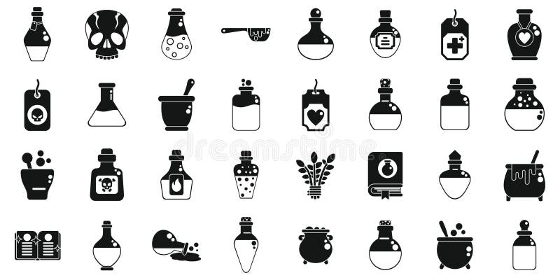 Magic Elixir Icons Set. Alchemist Preparing Potions, Flasks, Beakers ...
