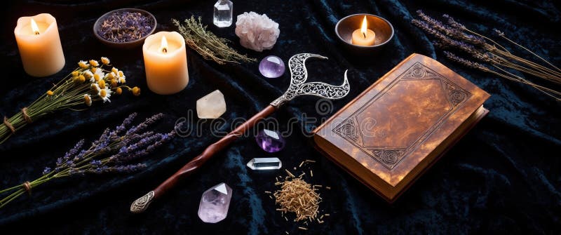 Magic and Esoteric Concept Banner with Crystals, Candles, and Spellbook ...