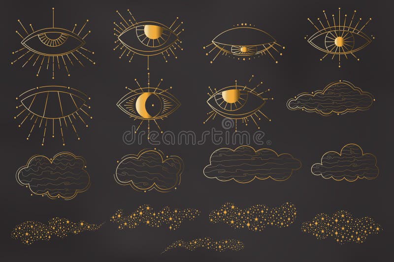 Magic Eyes, Clouds and Star Dust Outline Vector Set. Collection of ...