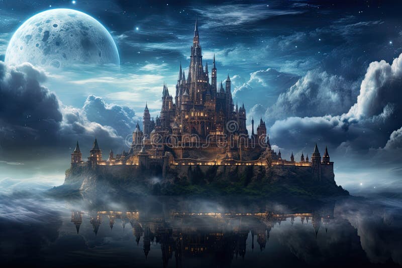 Magic Fairy Tale Castle. Fantasy Landscape with Castle and Full Moon ...