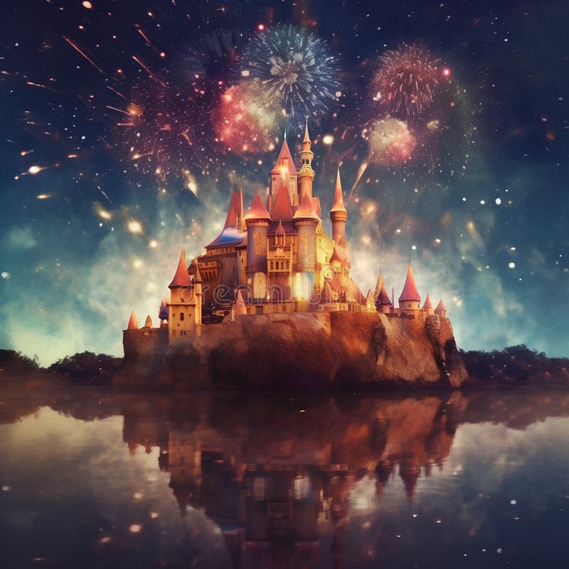 Magic Fairy Tale Castle with Fireworks in the Sky. Digital Painting ...