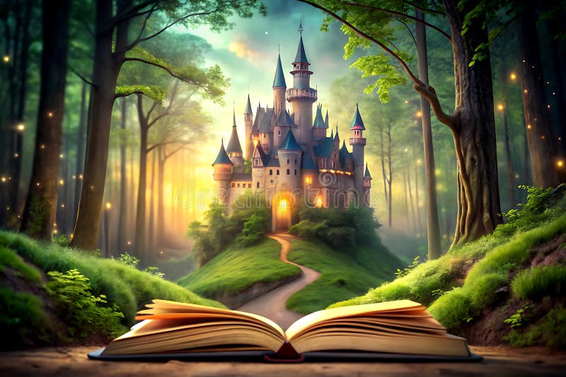 Magic Fairy Tale Castle in Green Forest with Magic Book. Fairy Tale ...