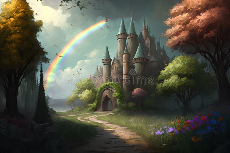 Magic Fairy Tale Castle with Rainbow in the Sky. Digital Painting Stock ...