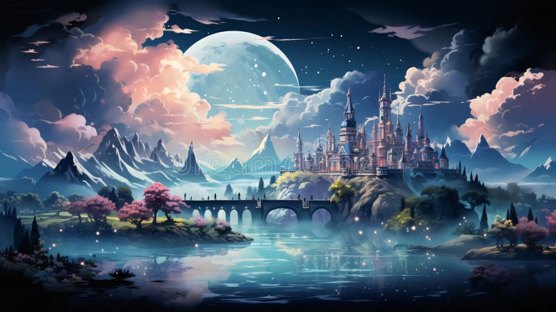 Magic Fairy Tale Landscape with Castle and Bridge. Vector Illustration ...