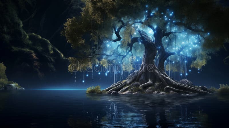 Magic Fairy Willow Tree with Glowing Lights in Mystic Forest Stock ...