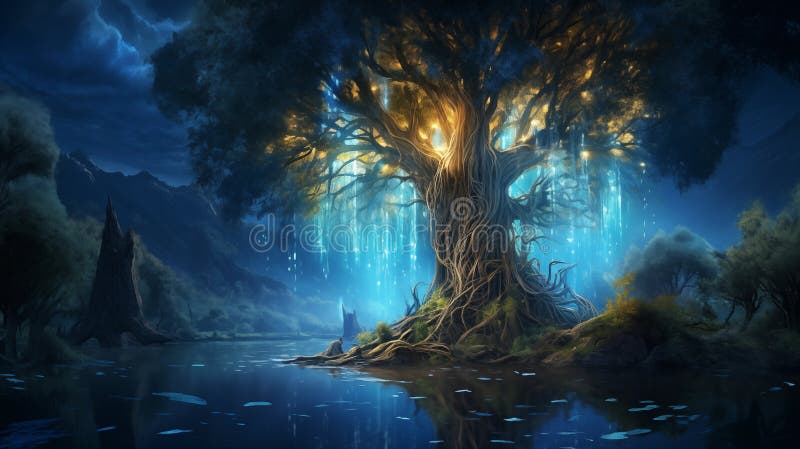 Magic Fairy Willow Tree with Glowing Lights in Mystic Forest Stock ...