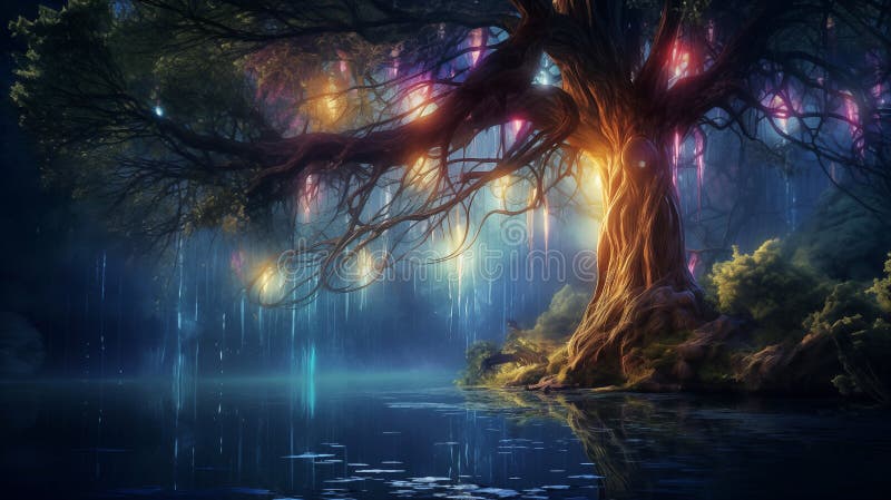 Magic Fairy Willow Tree with Glowing Lights in Mystic Forest Stock ...