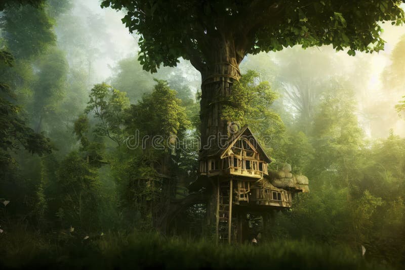 Magic Fairytale Tree House in a Forest, Generative AI Stock ...