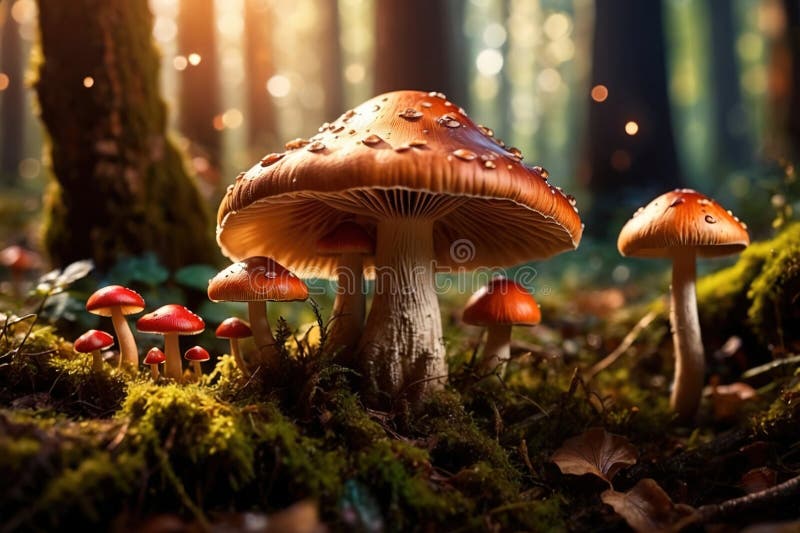 Magic Fantasy Mushrooms Toadstools in Enchanted Forest Stock ...