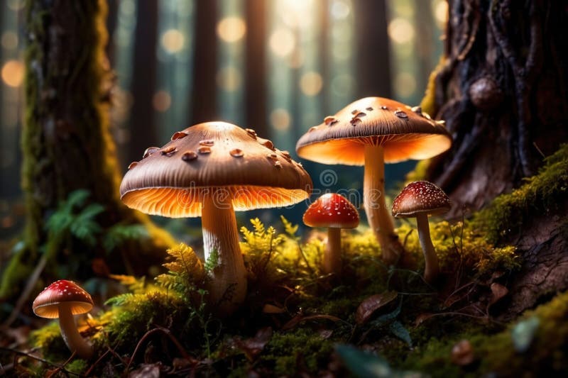 Magic Fantasy Mushrooms Toadstools in Enchanted Forest Stock ...