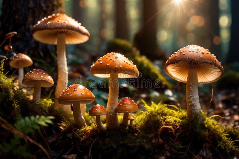 Magic Fantasy Mushrooms Toadstools in Enchanted Forest Stock ...