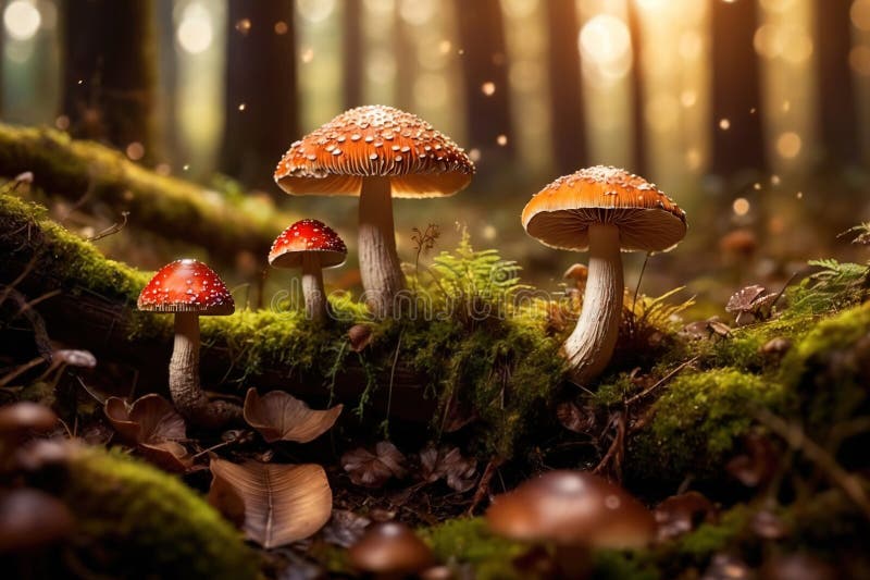 Magic Fantasy Mushrooms Toadstools in Enchanted Forest Stock ...