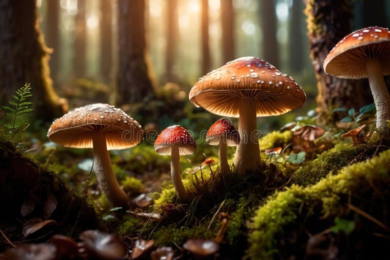 Magic Fantasy Mushrooms Toadstools in Enchanted Forest Stock ...