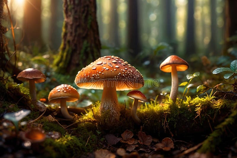 Magic Fantasy Mushrooms Toadstools in Enchanted Forest Stock ...