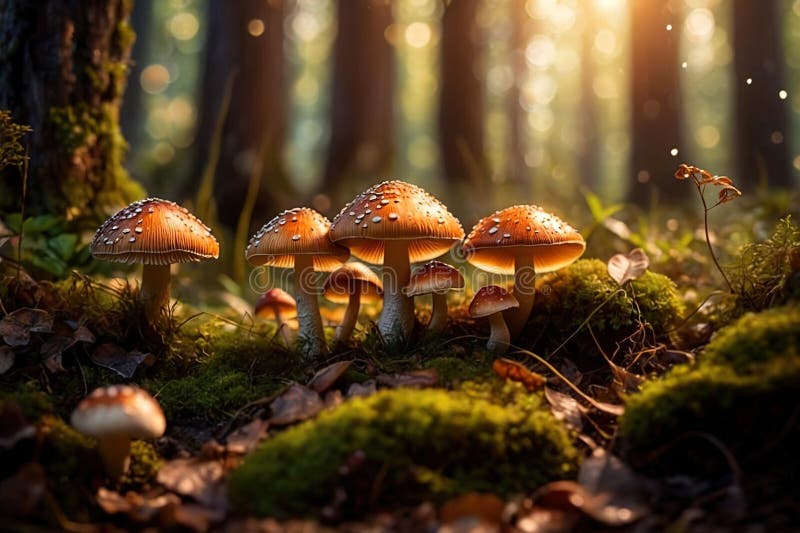 Magic Fantasy Mushrooms Toadstools in Enchanted Forest Stock ...