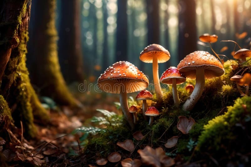 Magic Fantasy Mushrooms Toadstools in Enchanted Forest Stock ...