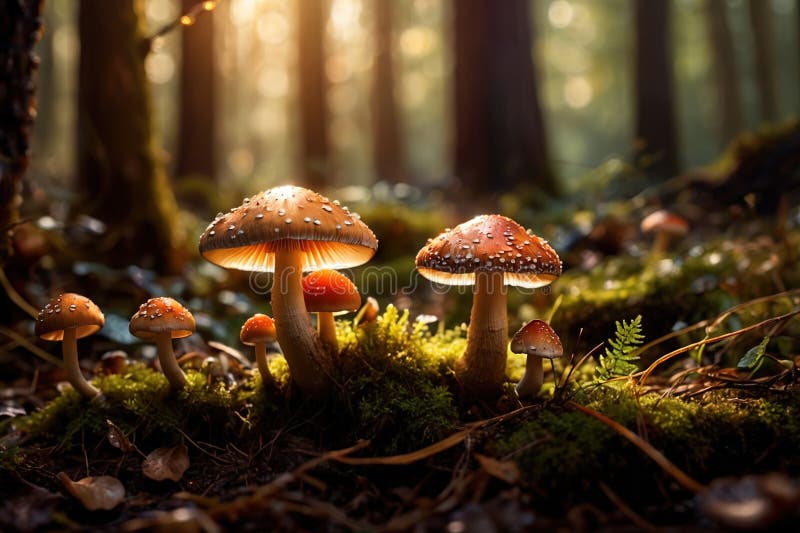 Magic Fantasy Mushrooms Toadstools in Enchanted Forest Stock ...