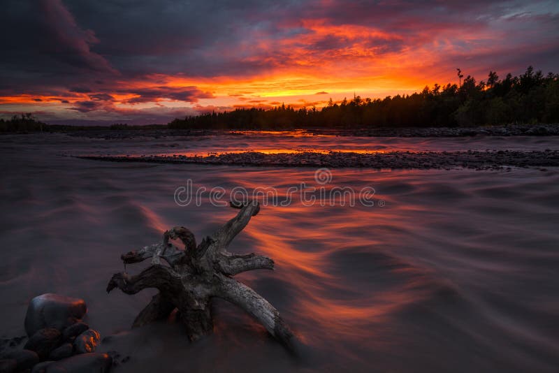 Magic Fiery Sunset Over a Beautiful Lake Stock Image - Image of orange ...