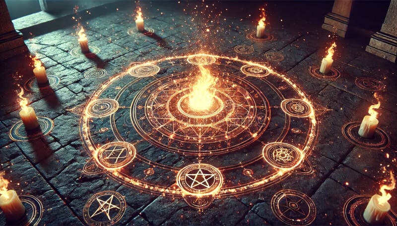 Magic Fire Circle with Glowing Runes on Ground Stock Illustration ...