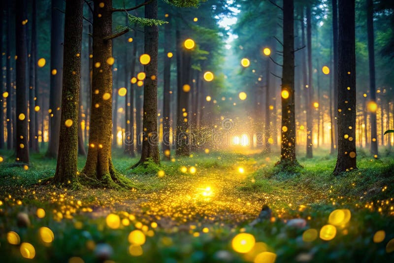 Magic Firefly Forest Pathway at Dusk Stock Illustration - Illustration ...