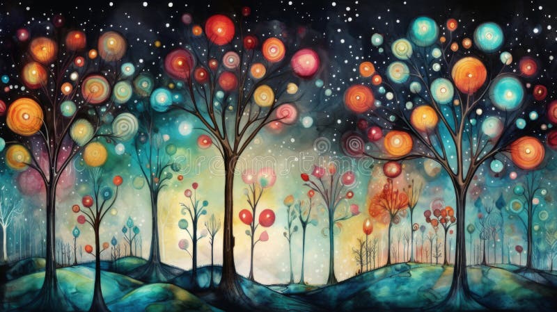 Magic Forest. Trees Illuminated Warm Glow of Lights. Stock Illustration ...
