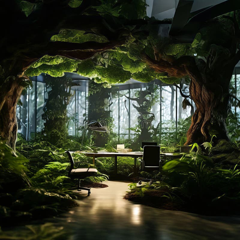 A Magic Forest Scene in a Corporate Office Building with Enchan Stock ...