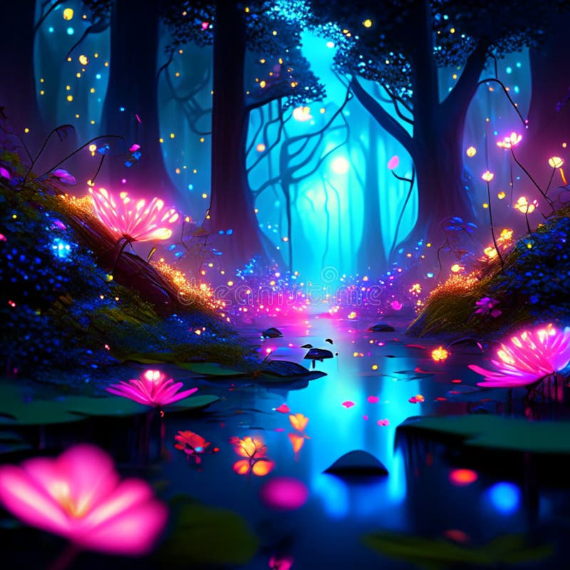 Magic Forest with Water Lily and Magic Light. 3d Rendering Generative ...