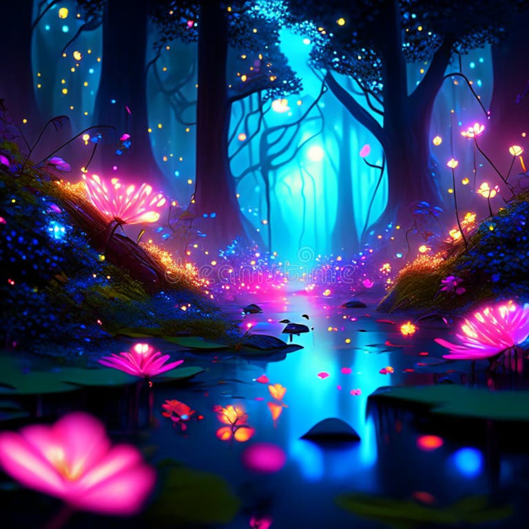 Magic Forest with Water Lily and Magic Light. 3d Rendering Generative ...