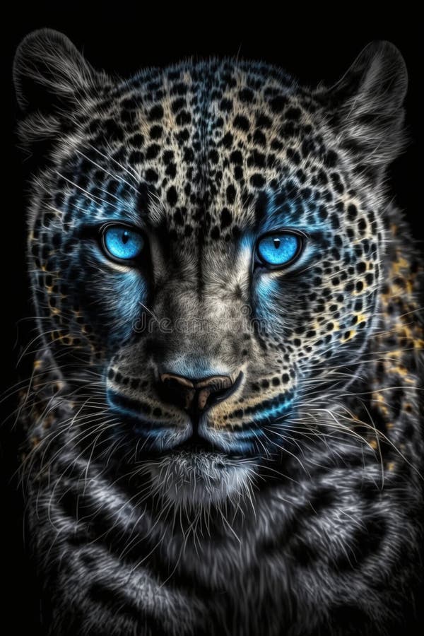 Magic Frost Leopard with Blue Eyes on Black Background. Generative AI ...