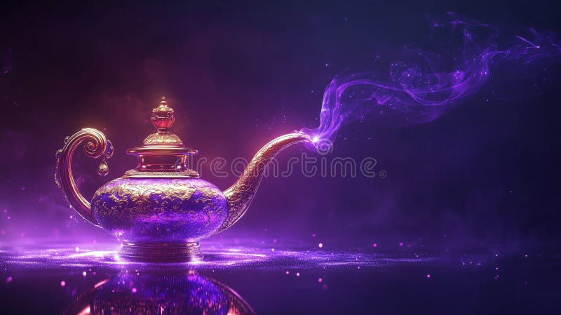 Magic Genie Lamp with Purple Background Stock Photo - Image of ...