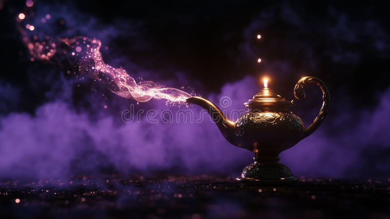 Magic Genie Lamp with Purple Background Stock Photo - Image of aladdin ...