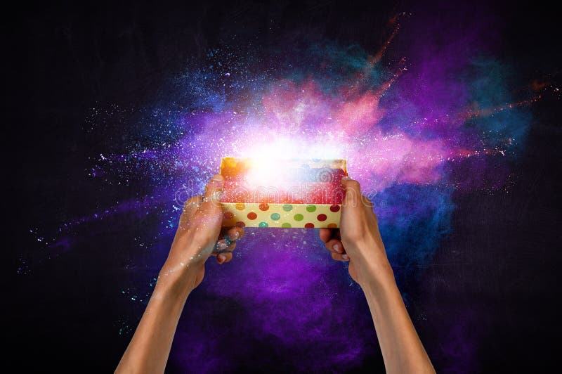 Beautiful Gift Box with Magic Light on Golden Glitters Stock Photo ...