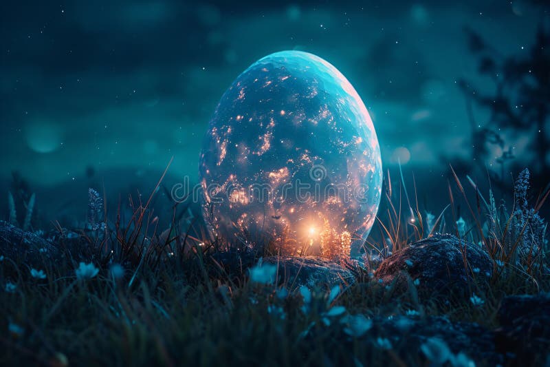 Magic Glowing Blue Egg with Sparkles and Mysterious Haze on Mourning ...