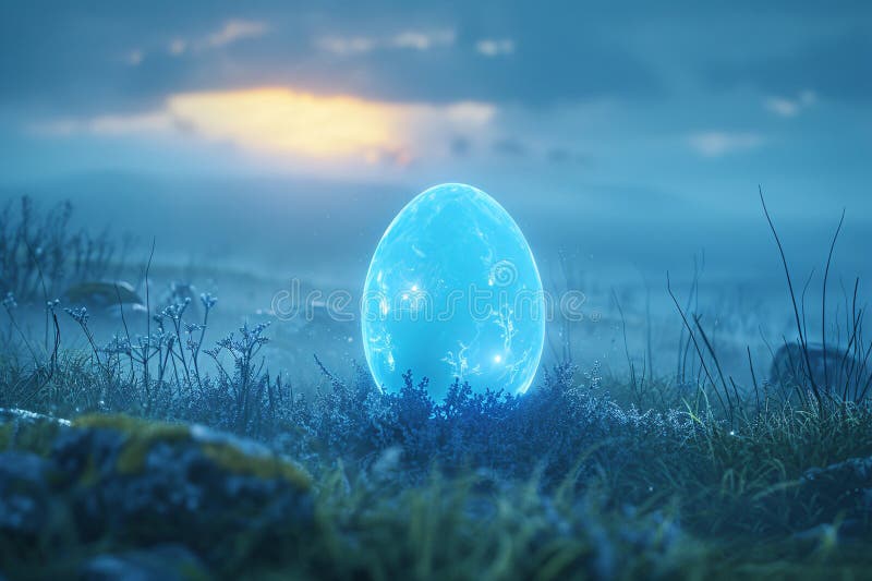 Magic Glowing Blue Egg with Sparkles and Mysterious Haze on Mourning ...
