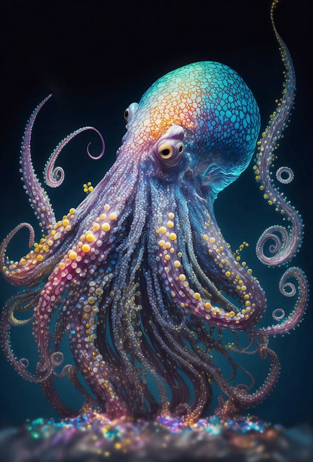 Magic Glowing Transparent Octopus Close-up in Rich Colors Close Up ...