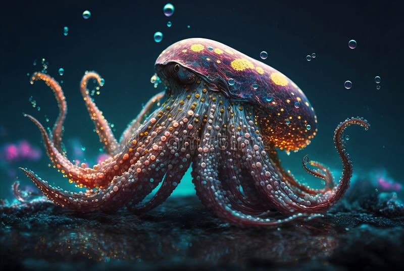 Magic Glowing Transparent Octopus Close-up in Rich Colors Close Up ...