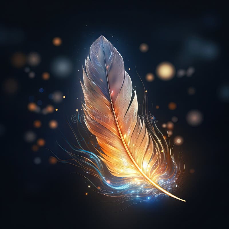 Magic Golden Feather on Dark Blue Background with Copy Space. Pen for ...