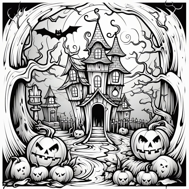 Magic Halloween Black and White Coloring Page. Stock Image - Image of ...