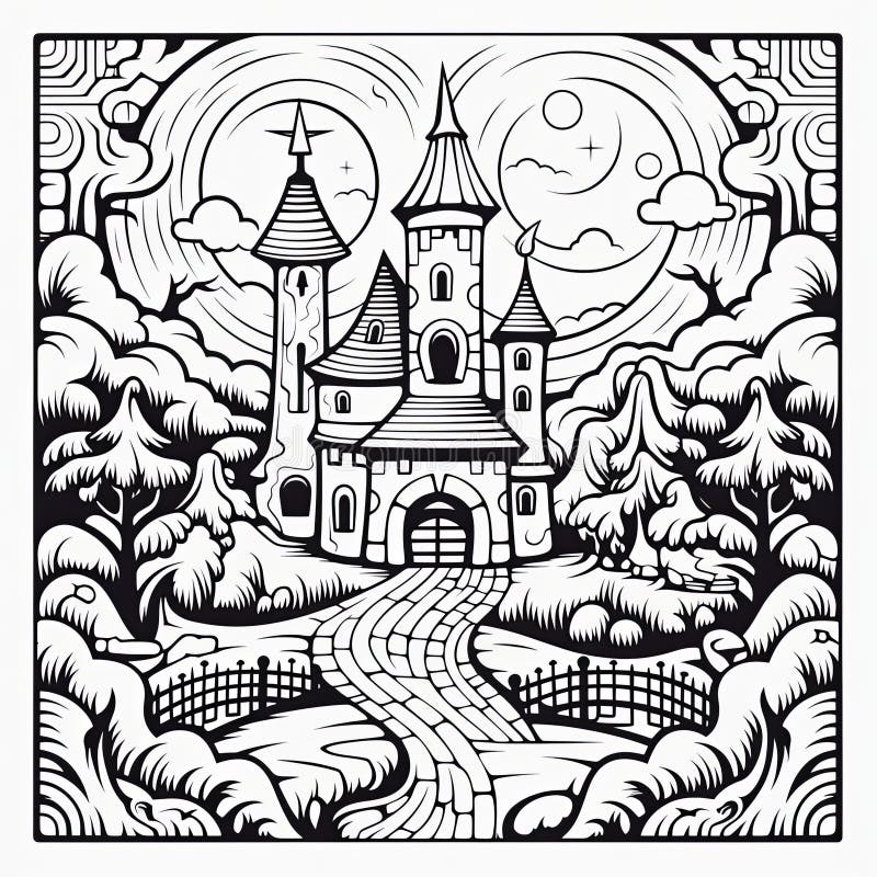 Magic Halloween Black and White Coloring Page. Stock Image - Image of ...