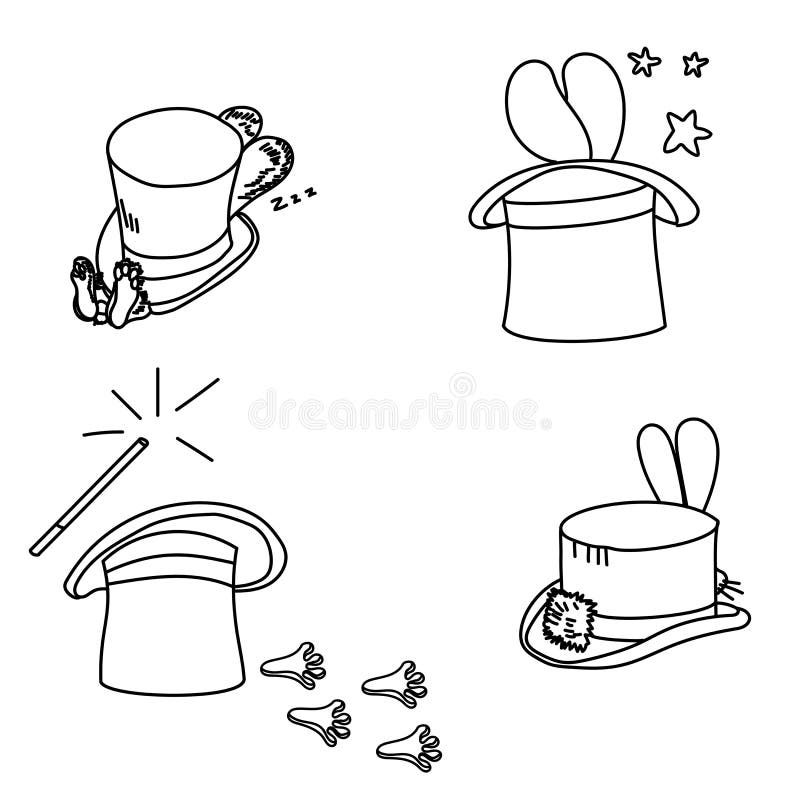 Magic Hats and Rabbit Set, Vector Outline Illustration on Magicians ...